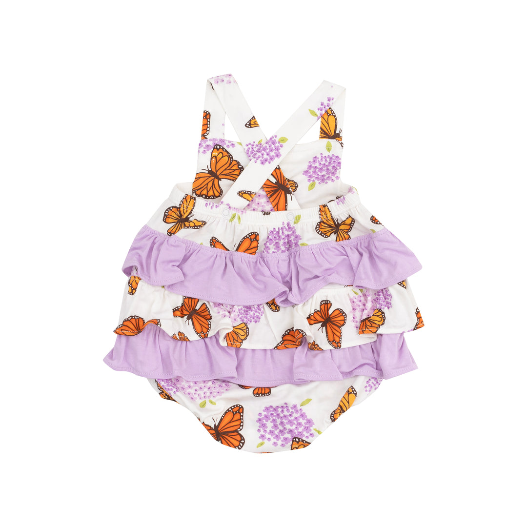 Ruffle Sunsuit - Monarch Butterflies and Milkweed - Millie Costal Accents